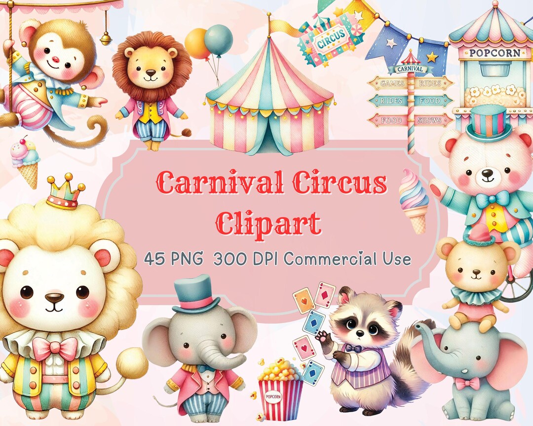 Cute Circus Carnival Clipart Bundle, Watercolor Circus PNG, Commercial ...