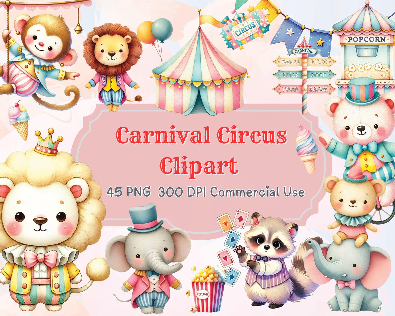 Cute Circus Carnival Clipart Bundle, Watercolor Circus PNG, Commercial ...