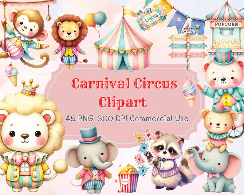 Cute Circus Carnival Clipart Bundle, Watercolor Circus PNG, Commercial ...