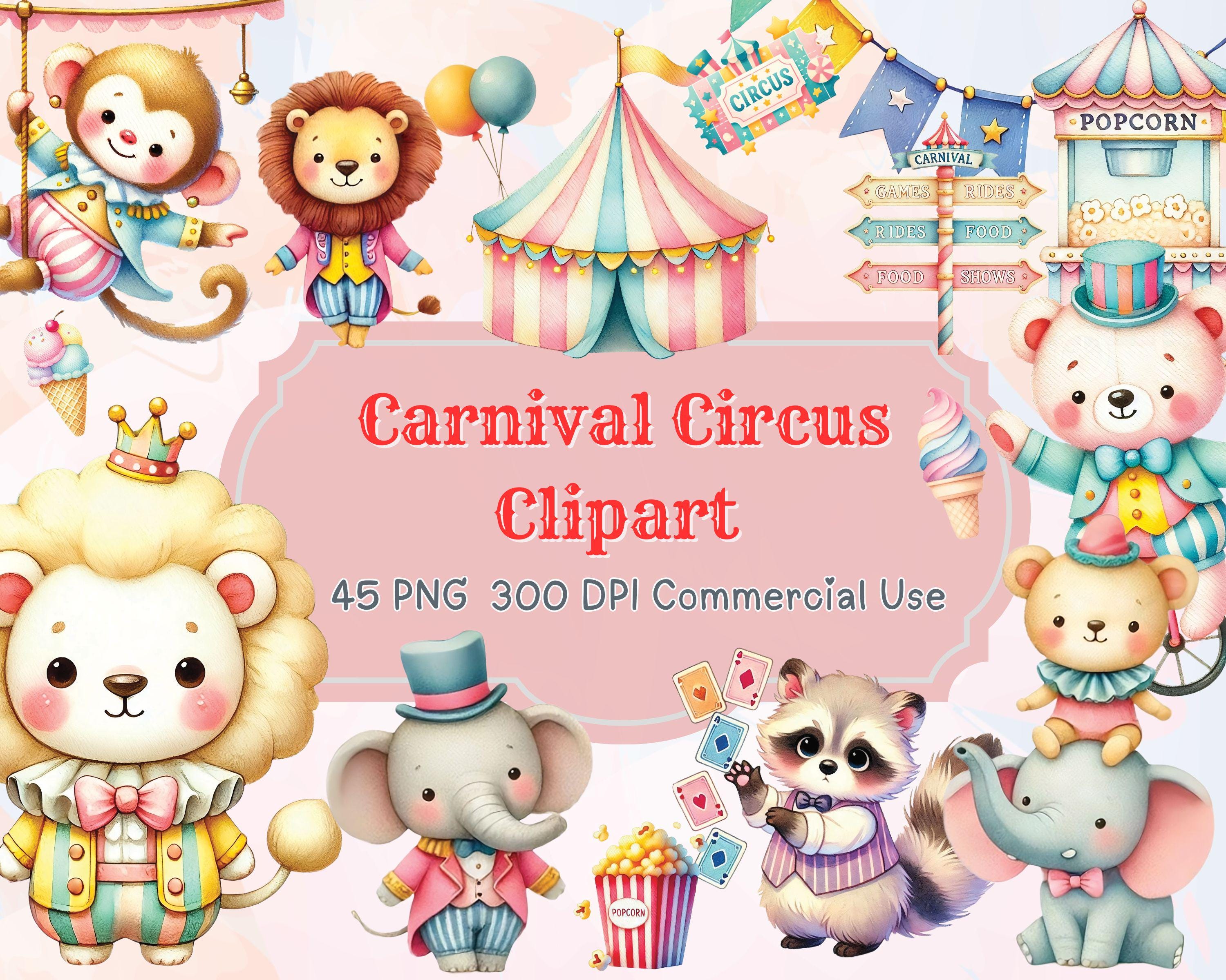 Cute Circus Carnival Clipart Bundle, Watercolor Circus PNG, Commercial ...