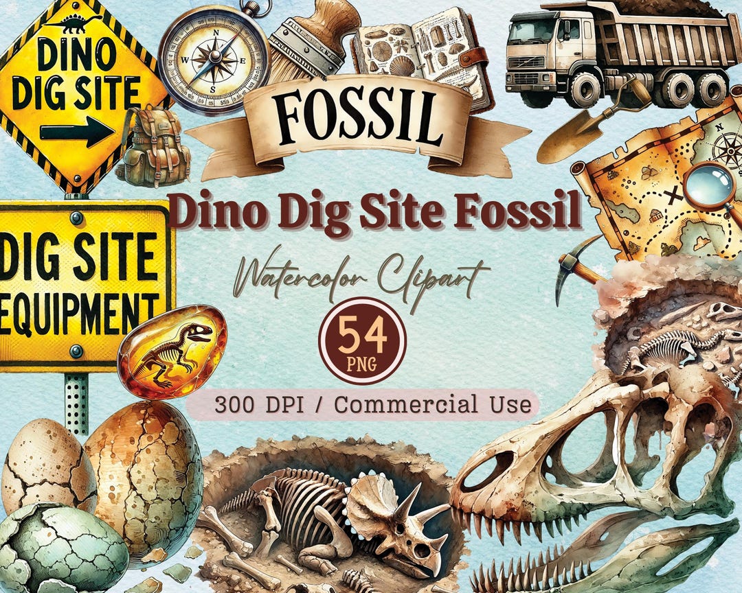 Dino Dig Site Watercolor Clipart Bundle, Dinosaur Fossil PNG (digital ...