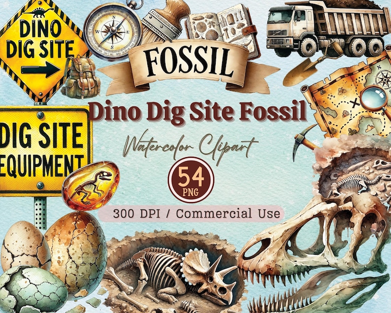 Dino Dig Site Fossil Watercolor Clipart Bundle, Dinosaur Fossil PNG ...