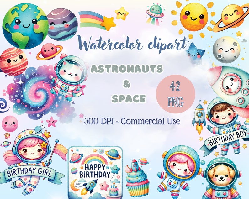 Space Watercolor Clipart, Clipart Bundle, Commercial Use, Astronaut ...