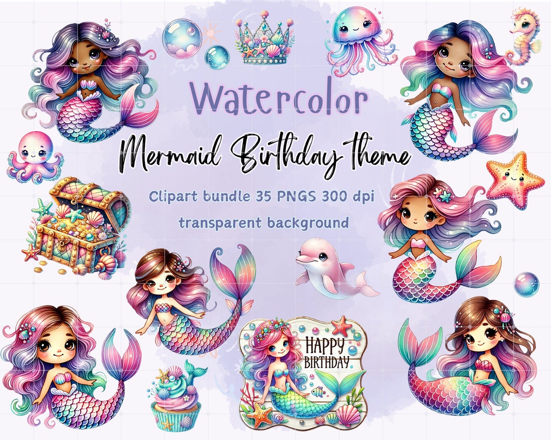 Mermaid Birthday Theme Clipart Bundle Watercolor Commercial Use, Cute ...