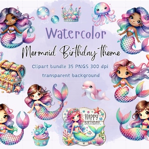 Mermaid Birthday Theme Clipart Bundle Watercolor Commercial Use, Cute ...