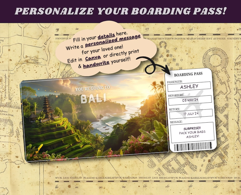 Bali Gift Ticket Printable Boarding Pass Editable Airplane Ticket ...