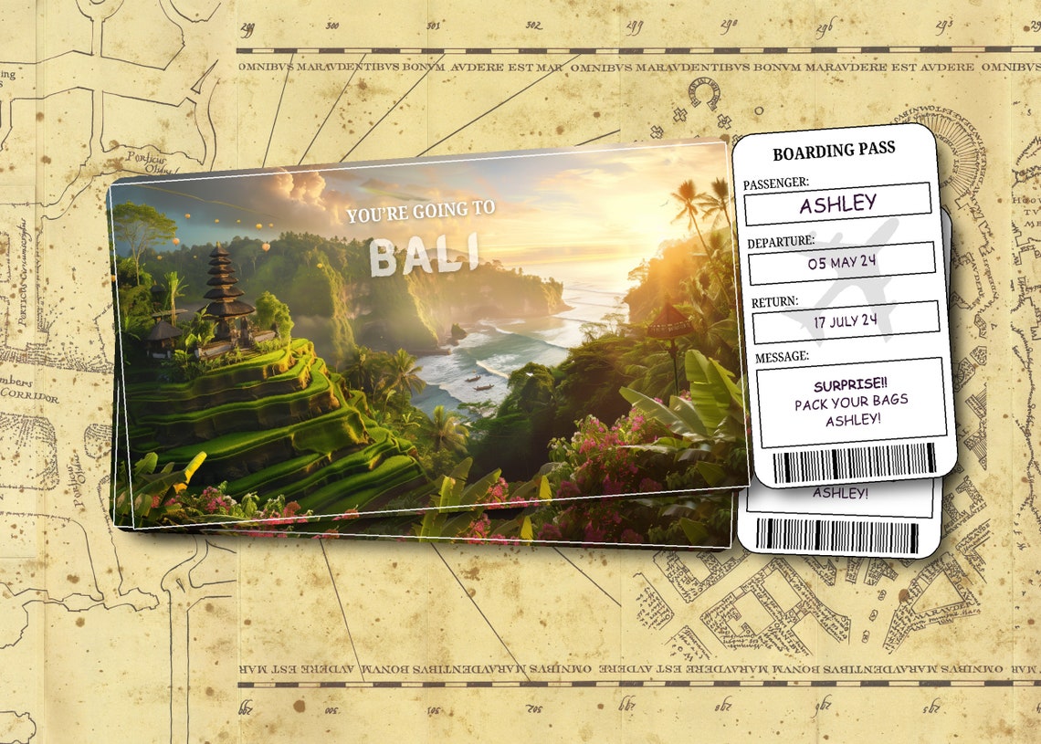 Bali Gift Ticket Printable Boarding Pass Editable Airplane Ticket ...