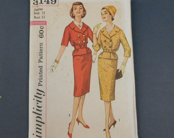 Vintage 1950s 2 Piece Suit Dress Pattern, Simplicity 3149, 33 Bust ...