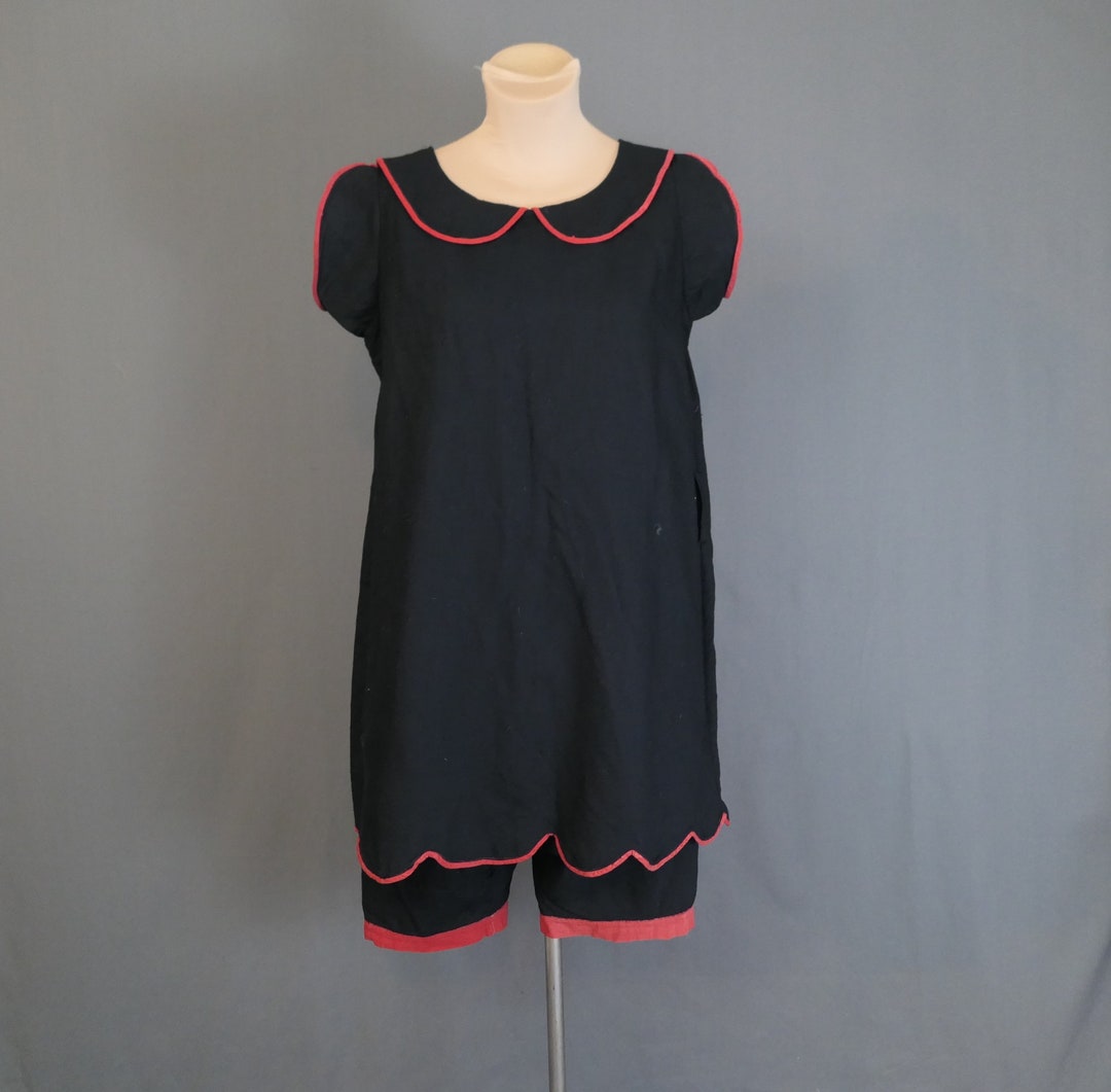 Vintage Black Wool Swimsuit 2 Pieces Edwardian, Wool With Red Trim, 36 ...