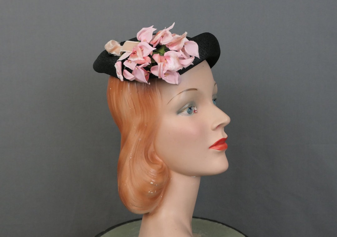 Vintage 1950s Black Hat With Pink Calla Lilies & Velvet Ribbon, by ...