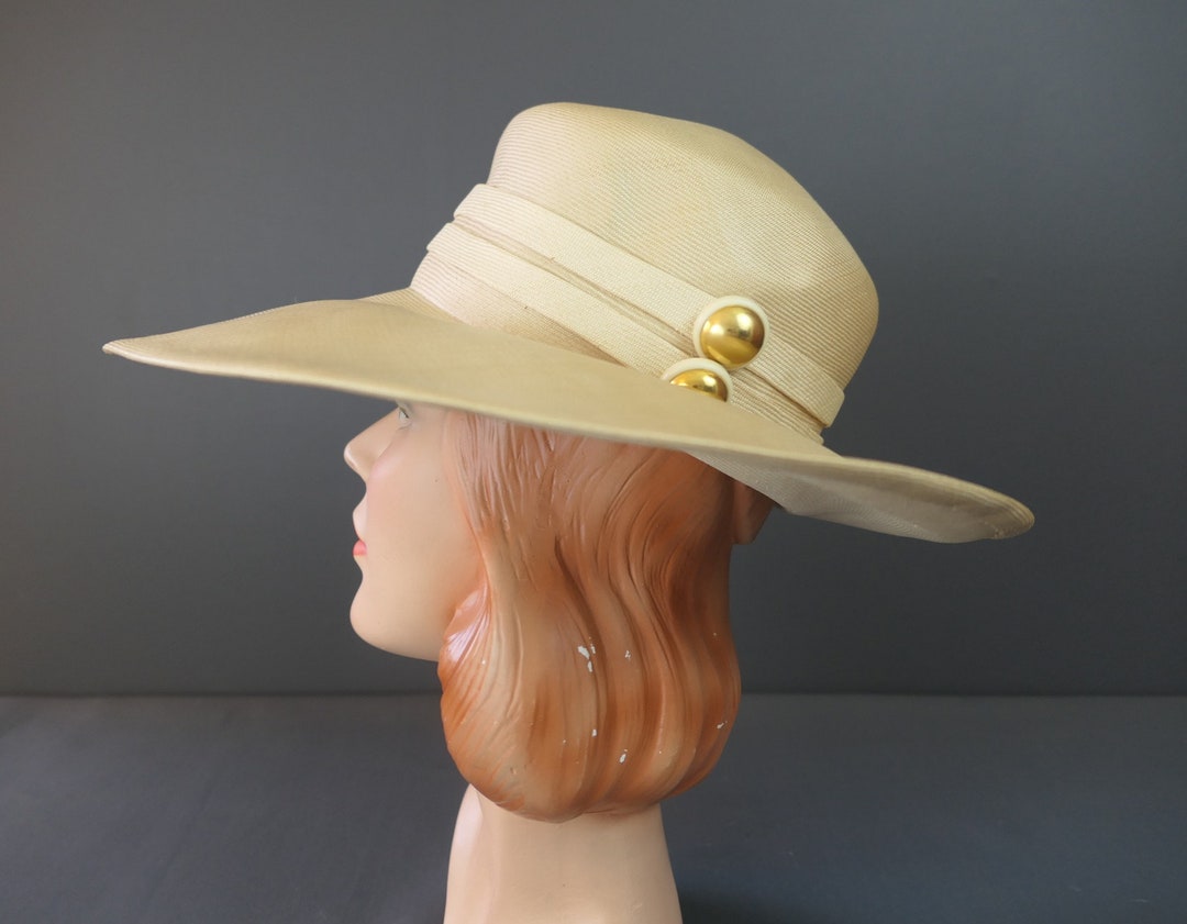 Vintage Wide Brim Ivory Straw Hat With Gold Buttons, 1980s Atelier ...