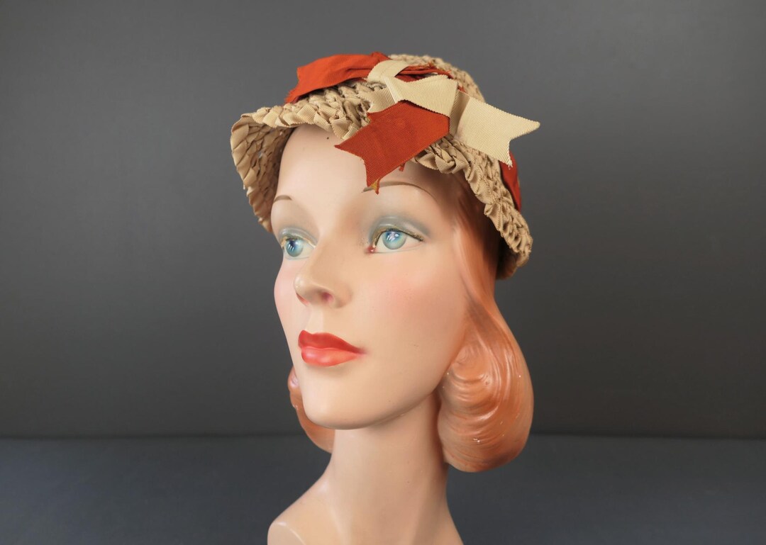 Vintage Ribbon Hat 1950s Ivory & Umber Knotted, 21 Inch Head, B. Forman ...