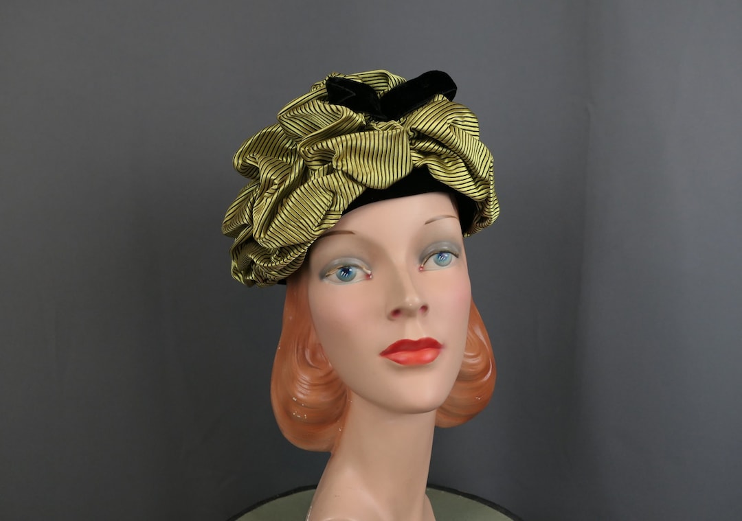 Vintage Yellow & Black Striped Hat by Jeanne Tete 1960s, 21 Inch Head ...