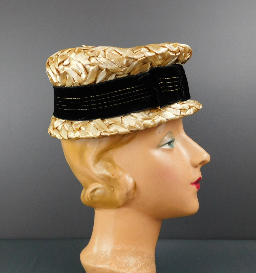 Vintage Straw Raffia Hat With Black Velvet Band, 1960s 21 Inch Head ...