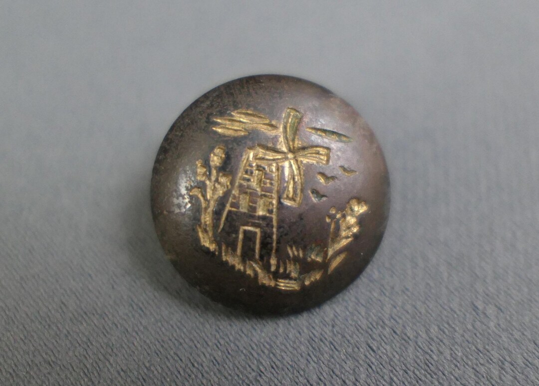 Antique Etched Metal Button With Windmill, Loop Back 1/2 Inch Novelty ...