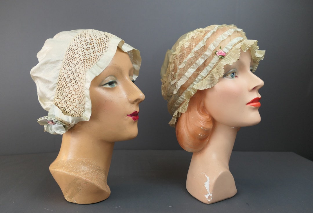 2 Vintage 1920s Boudoir Sleeping Caps Hats, Pale Green Silk With Lace ...