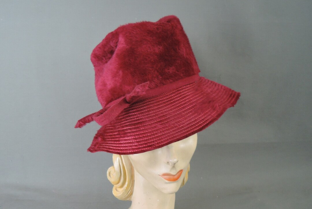 Vintage Dark Red Plush Hat 1960s Fits 21 Inch Head Floppy - Etsy