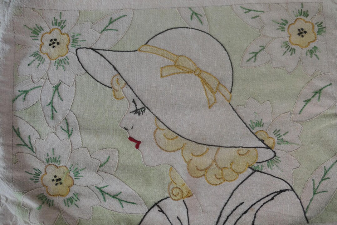 Vintage 1930s Embroidered Tinted Pillow Cover Lady Face, Flowers, Hat ...