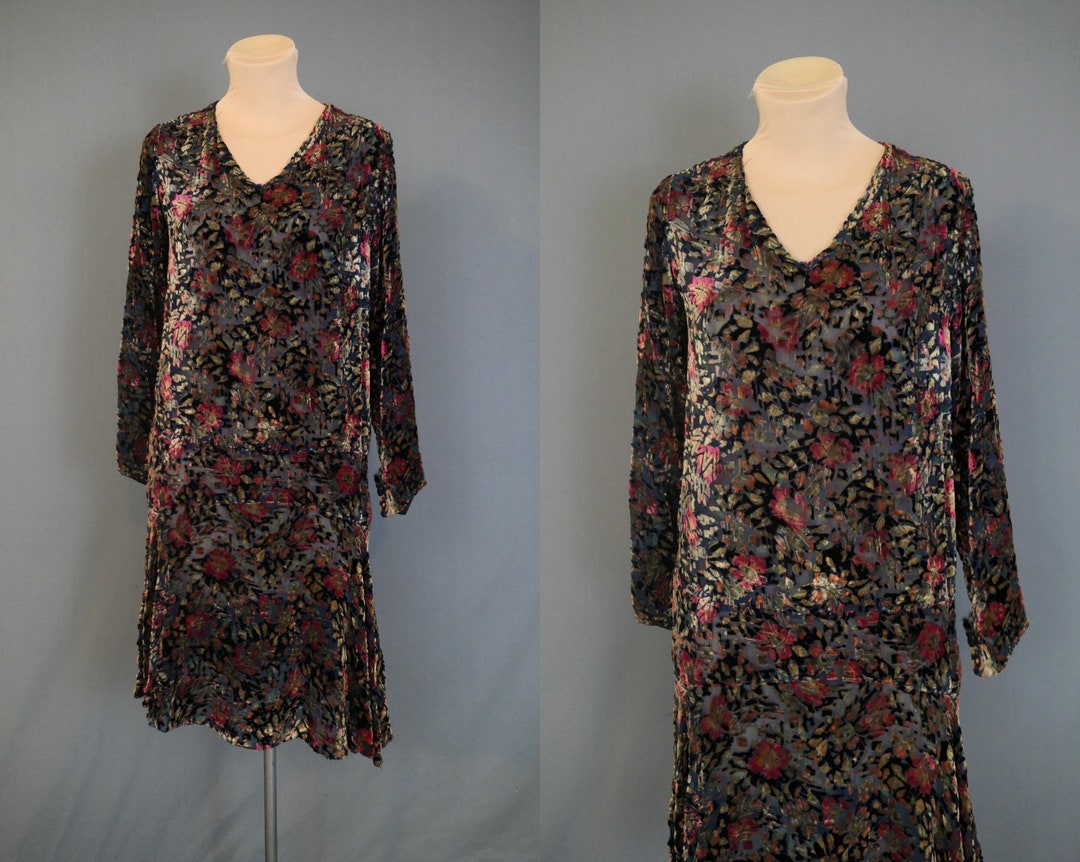 Vintage 1920s Sheer Blue Dress, Devore Silk Velvet Floral Print, 32-34 ...
