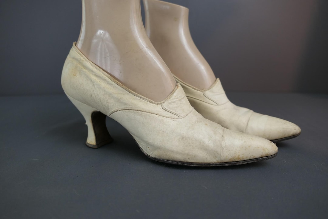 Vintage White Leather Shoes 1900s Antique Edwardian Slip On, With ...
