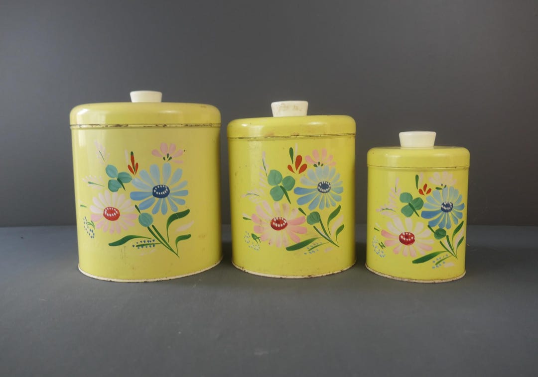 Vintage 3 Piece Canister Set, Ransburg Hand Painted Yellow Flowers ...