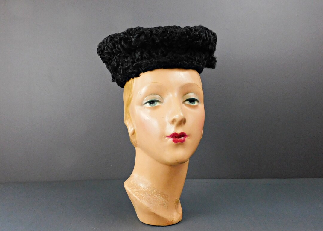 Vintage Black Curly Persian Lamb Fur Hat, Topper With Matching Hat Pins ... Vintage Black Curly Persian Lamb Fur Hat, Topper With Matching Hat Pins ...