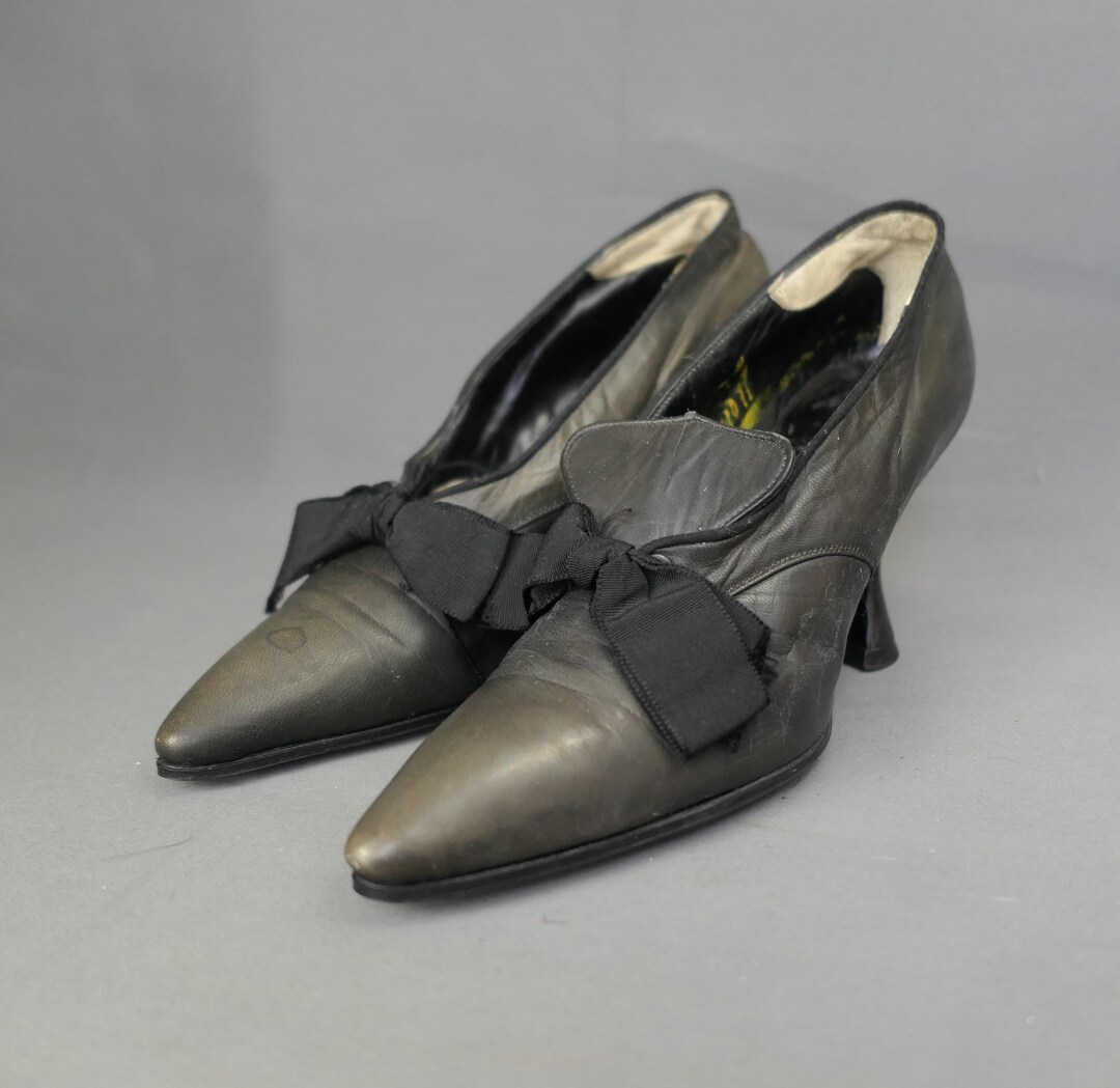 Vintage Edwardian Black Shoes With Bows and Pointy Toes, 1900s, Issues ...