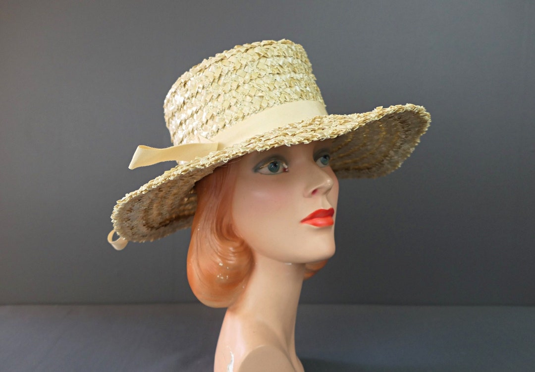 Vintage Ivory Straw Wide Brim Hat, 1960s, 22 Inch Head, 14 Inches Wide ...