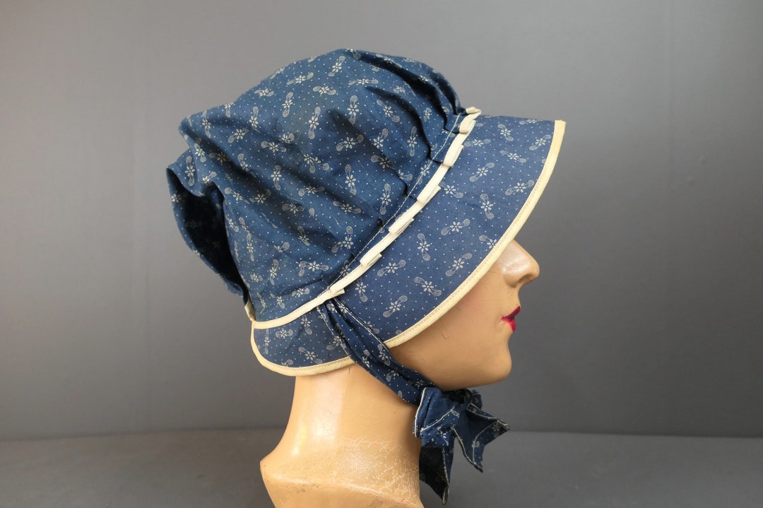 Vintage 1900s Priscilla Bonnet, Work or Sun Hat, Blue Calico Cotton ...