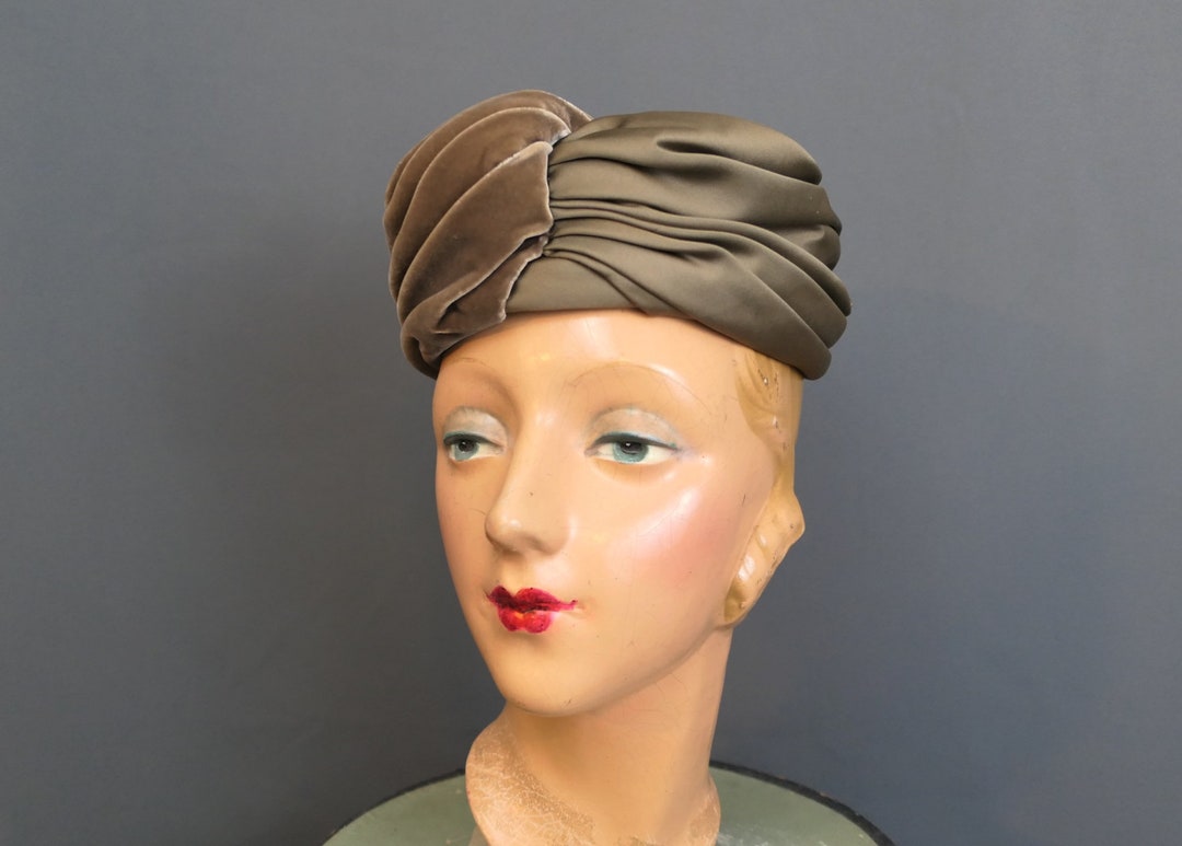 Vintage Velvet & Satin Hat, Light Brown Turban Style, 1960s, 21 Inch ...