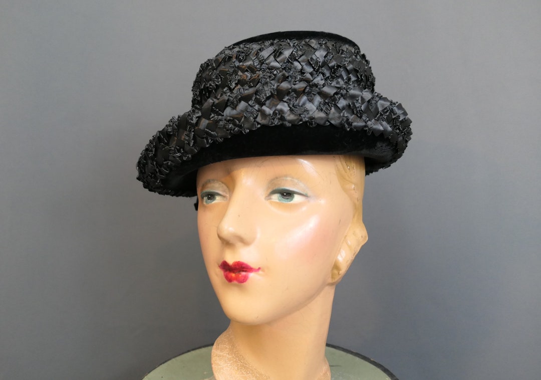 Vintage Black Straw Hat With Velvet Curled Brim 1960s, 21 Inch Head - Etsy