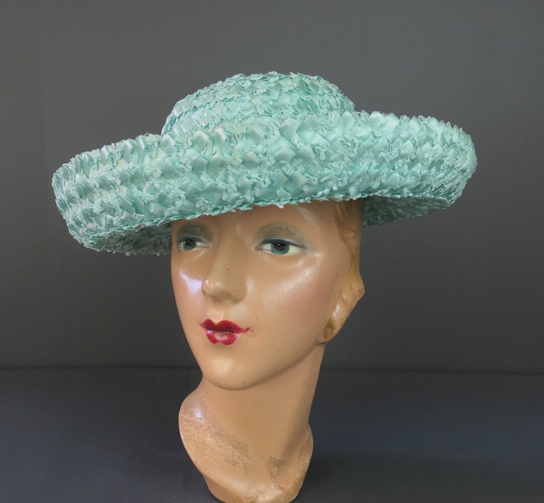 Vintage Aqua Straw Raffia Hat With Wide Curled Brim, 1970s, 22 Inch ...