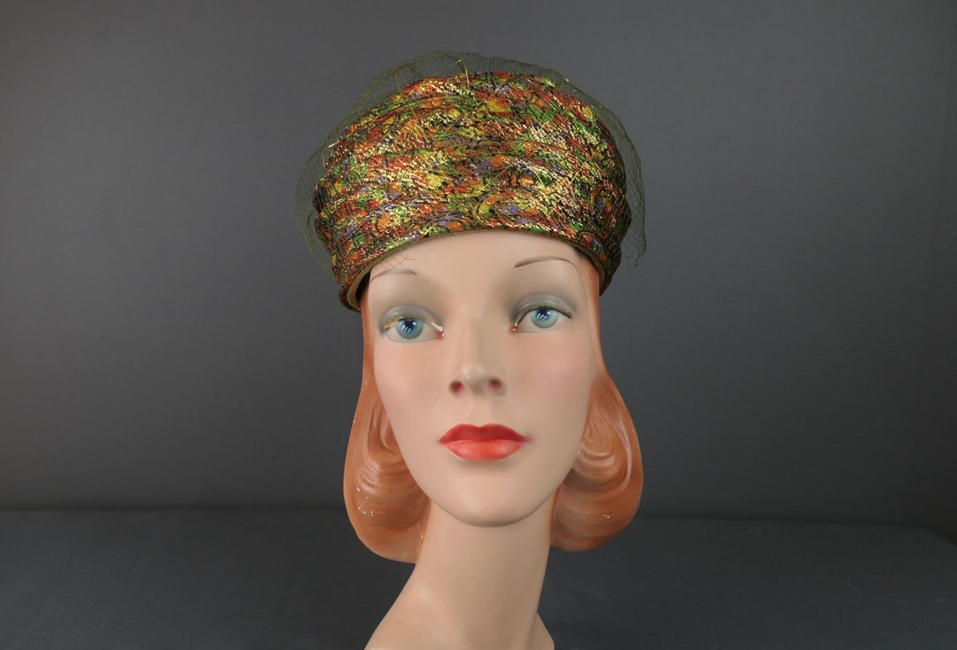 Vintage Gold Metallic Toque Hat, Orange & Green With Netting, 1960s 22 ...