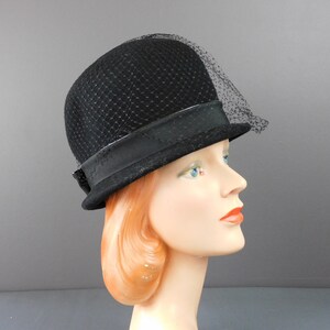 Vintage Black Felt Hat With Tall Rounded Top, Netting and Vinyl Trimmed ...