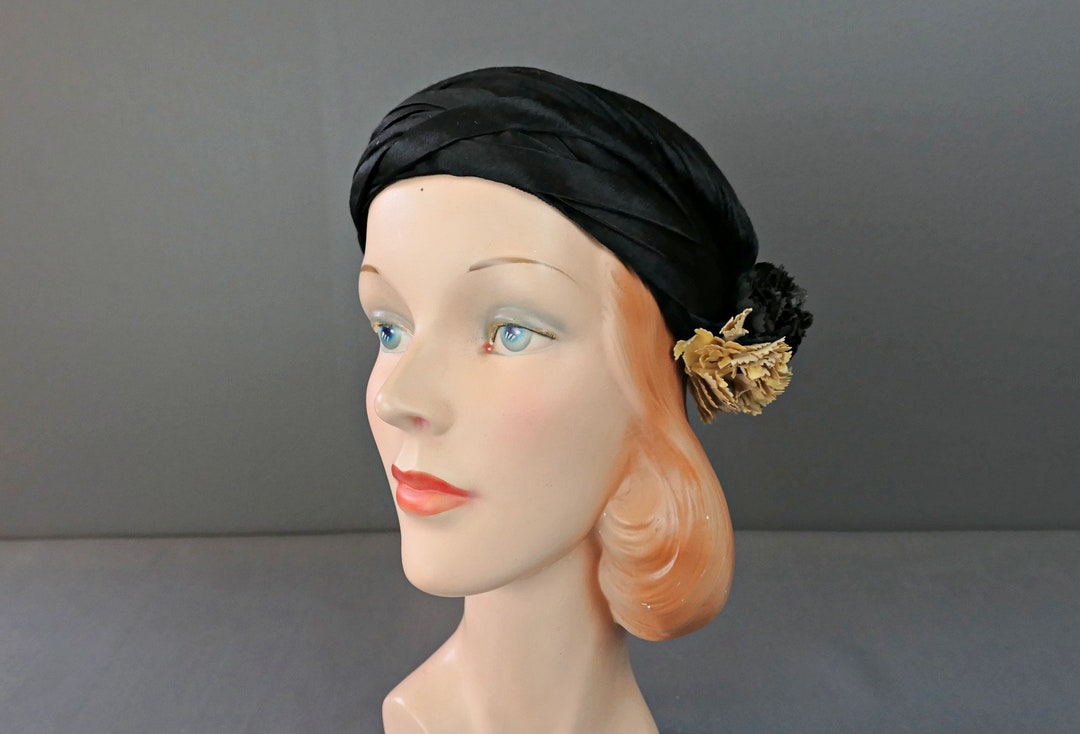 Vintage 1920s Satin Fitted Cap Hat With Flowers, Marie Alphonsine, 21 ...