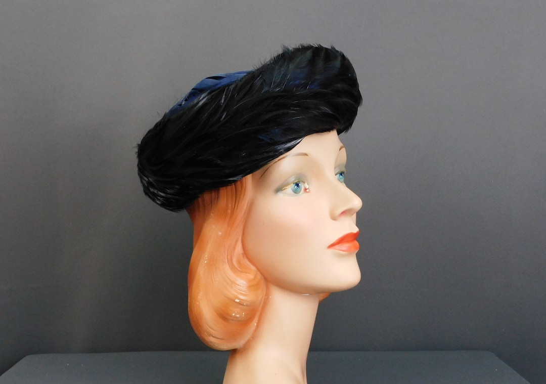 Vintage Black and Dark Blue Feathers Hat, 1960s Beresford, 21 Inch Head ...