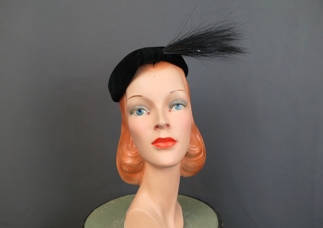 Vintage Black Cap Hat With Thin Feathers 1950s Evening Cocktails, 22 ...