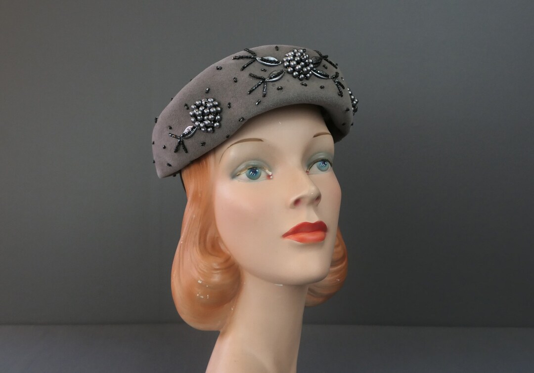 Vintage Beaded Grey Velour Hat 1950s Evening Tilt, 22 Inch Head - Etsy
