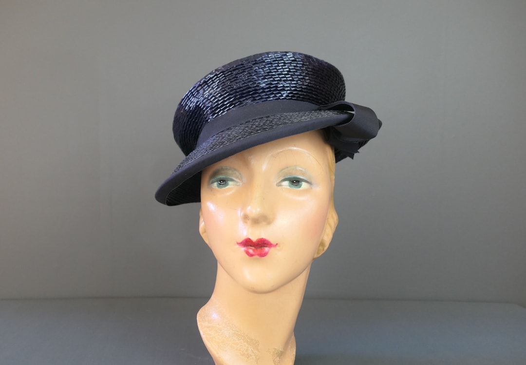 Vintage Dark Blue Straw Hat 1950s Tilt With Ribbon, 22 Inch Head, Stern ...