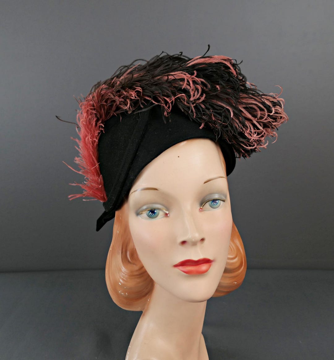 Vintage 1940s Black Tilt Hat, Felt With Large Feather Plume, 22 Inch ...