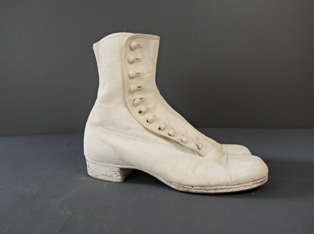 1900s Edwardian Canvas Shoes, 12 Button High Boots, White Canvas ...
