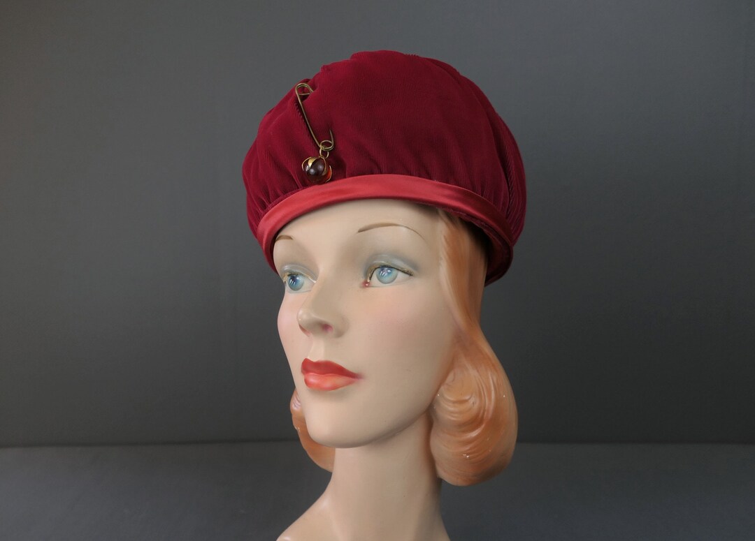 Vintage Dark Red Velvet Hat Toque With Safety Pin 1960s, 21 Inch Head ...