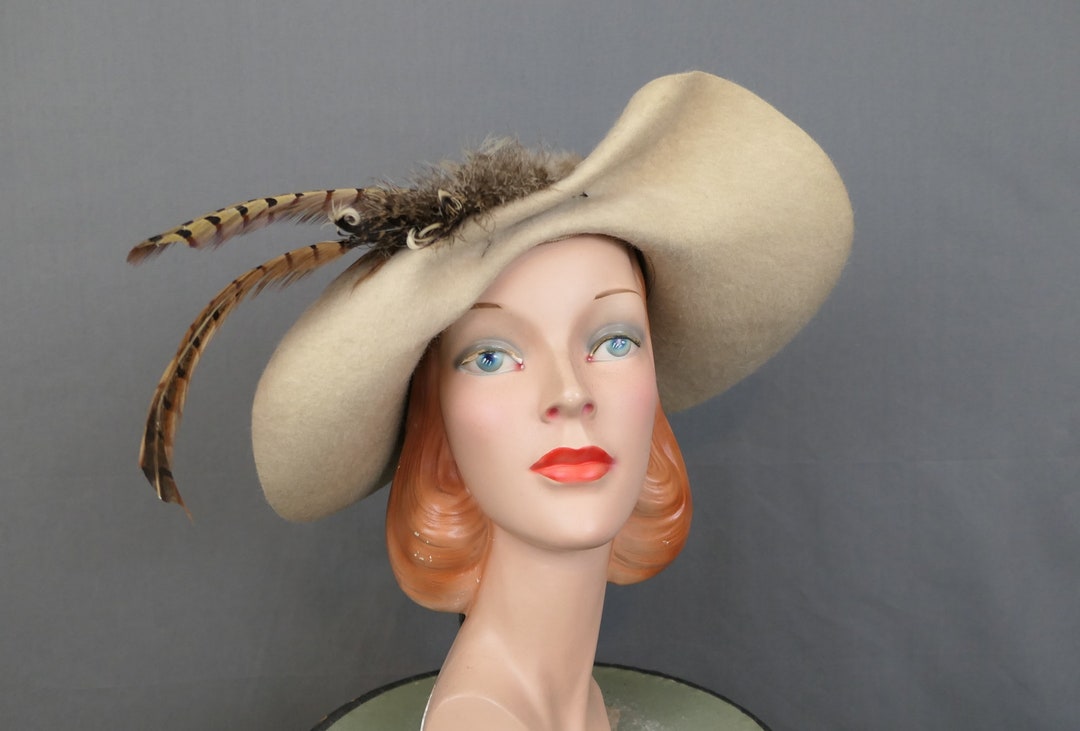 Vintage Beige Felt Hat: Wide Brim, Feathers, 1950s Style (22 Inch Head ...