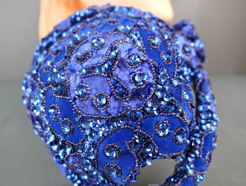 Vintage Blue Velvet Evening Hat, 1950s Juliet Cap With Sequins and ...