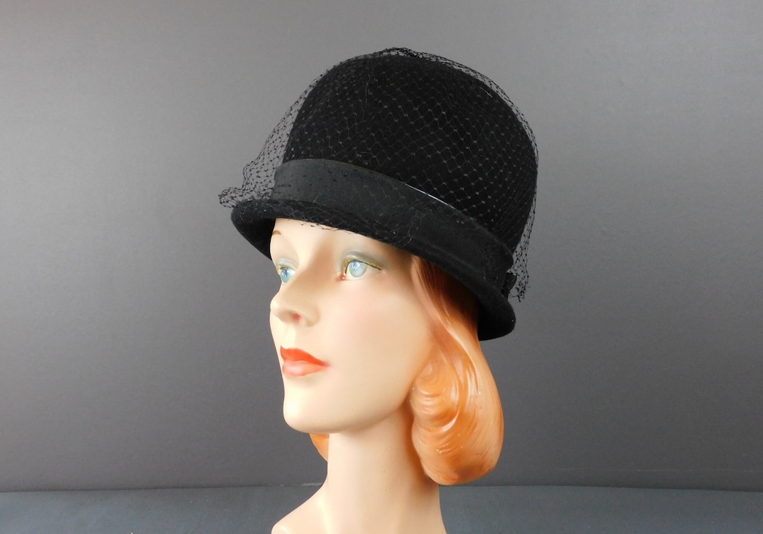 Vintage Black Felt Hat With Tall Rounded Top, Netting and Vinyl Trimmed ...