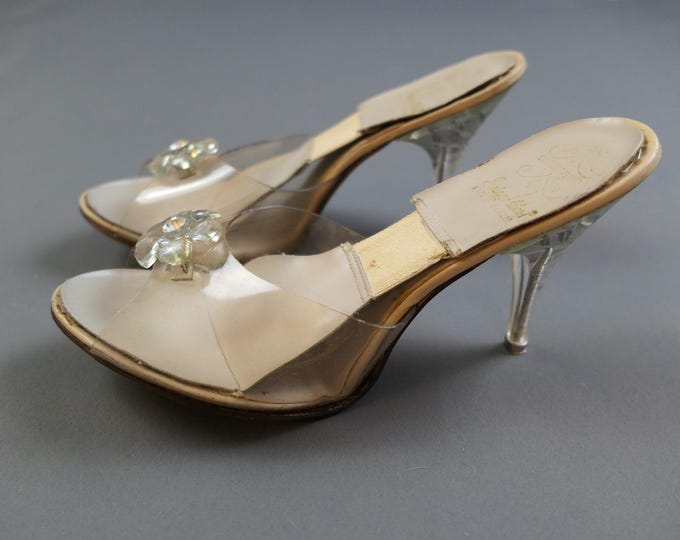 Vintage Springolators Mules, Carved Lucite Heels, Clear & Rhinestones ...