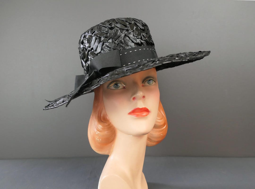 Vintage Wide Brim Black Straw Hat, 1960s, 21 Inch Head, 15 Inches Wide ...