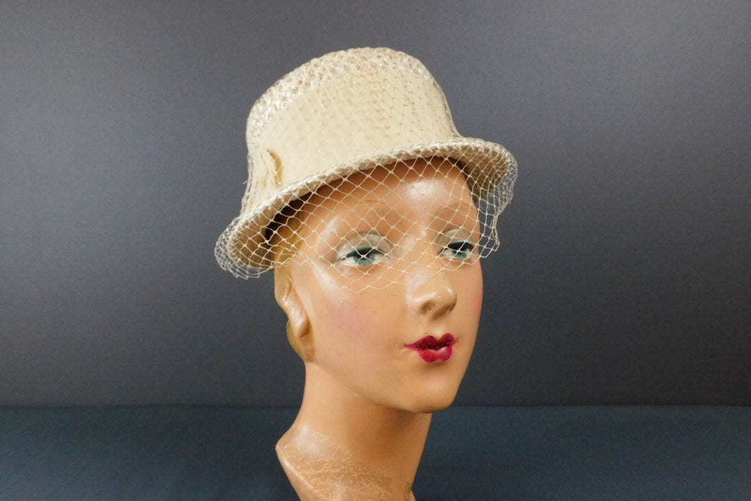Vintage Ivory Summer Straw Hat With Veil, 1960s 21 Inch Head, Wedding ...