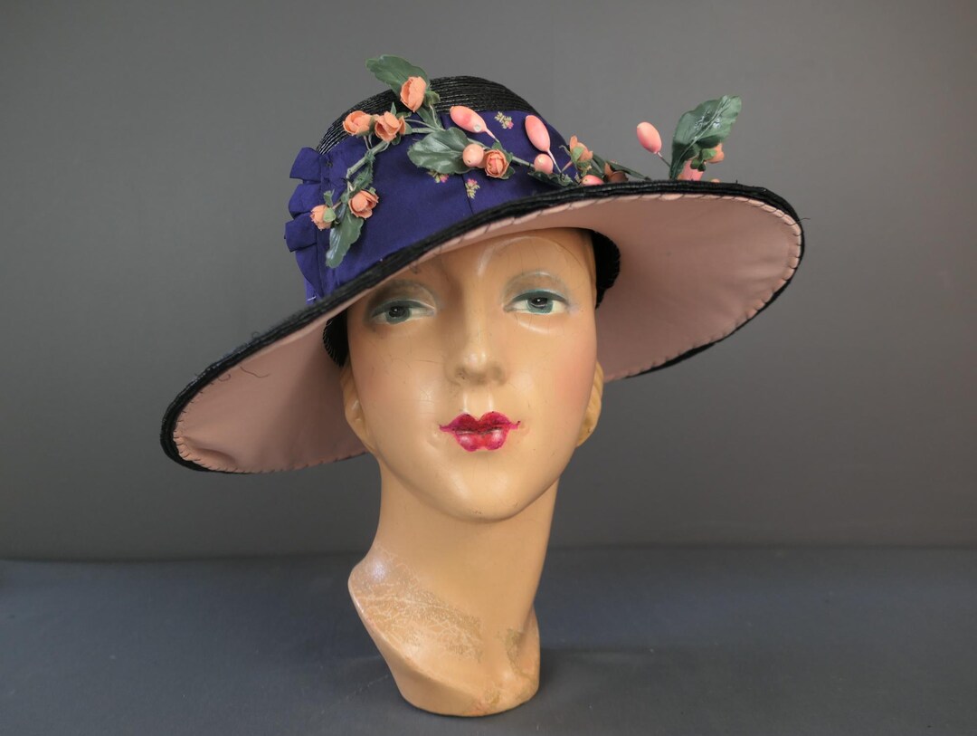 Vintage Edwardian 1920s Black Straw Hat, Wide Brim by Kathryn Meek ...