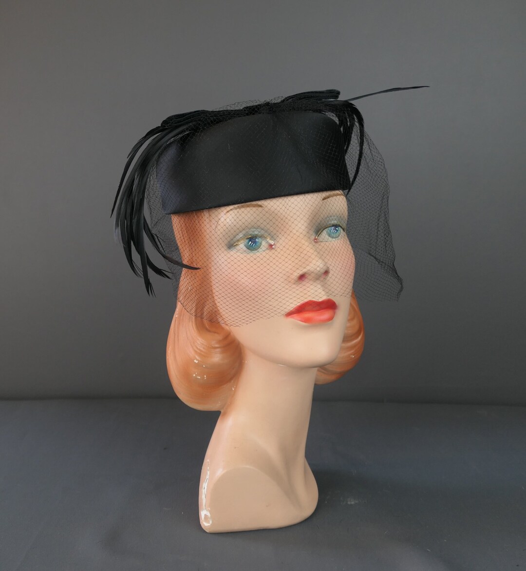 Vintage Black Feather Hat Satin Ring With Open Top and Veil, 1960s ...